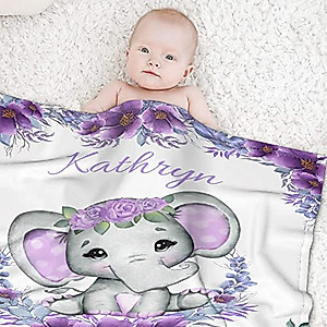 Abhibhu Elephant Purple Floral Custom Baby Blanket, Soft Cozy Fleece, XS for Babies, Personalized Name Blanket Gifts for Newborn Baby Shower