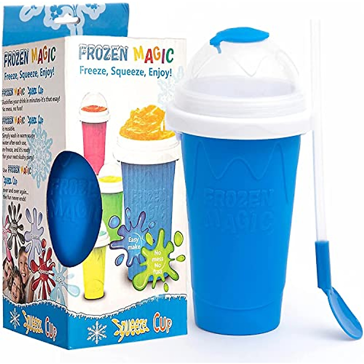 Slushie maker cup, Homemade Squeeze Icy Quick Frozen Magic Cup Slushy With Lids And Straws For Kids & Adults (Blue)