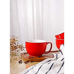 Cappuccino Cups, Red Porcelain Jumbo Coffee Mug Set of 4 Christmas Gift - 16 Ounce Cups with Handle for Hot or Cold Drinks like Cocoa, Milk, Tea or Water - Smooth Ceramic