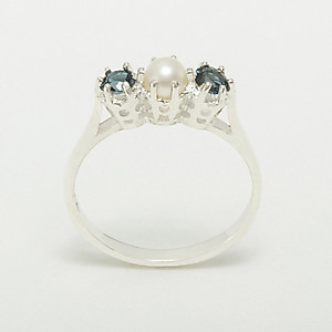LetsBuyGold 925 Sterling Silver Cultured Pearl & London Blue Topaz Womens Band Ring - Size 7