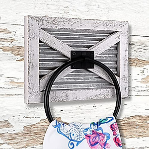 Autumn Alley Barn Door White Bathroom Farmhouse Towel Ring – Wall Mounted Rustic Hand Towel Holder – Mix of Wood and Galvanized Metal & Black Ring for Country Decor – Farmhouse Bathroom Decor