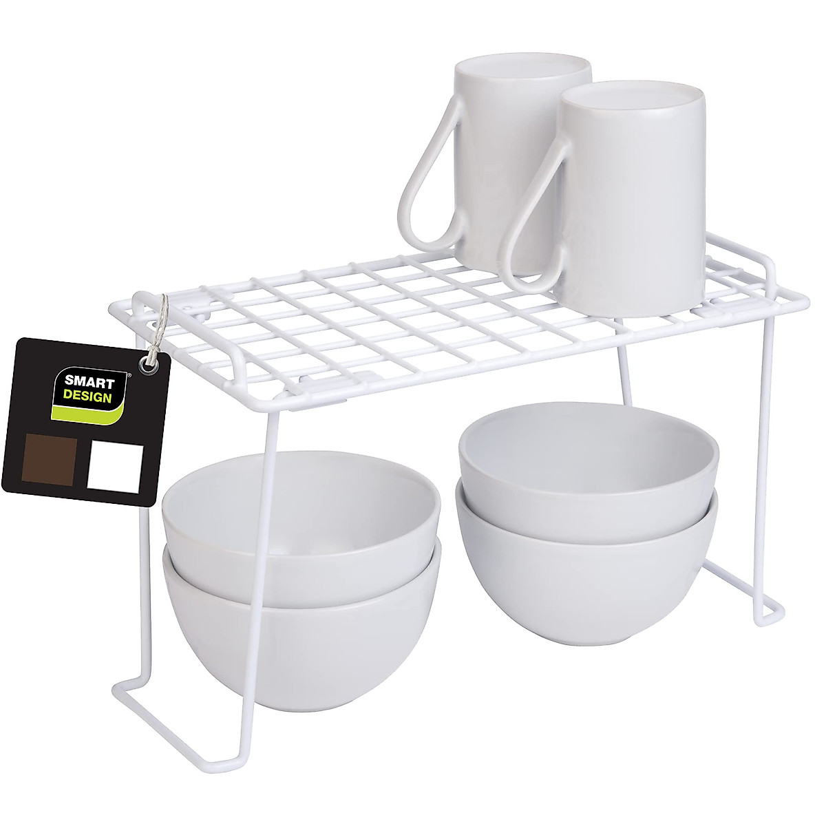 Smart Design Stacking Cabinet Shelf Rack - Small (12 x 7 Inch) - Steel Metal Wire - Cupboard, Plate, Dish, Counter & Pantry Organizer Organization - Kitchen [White]