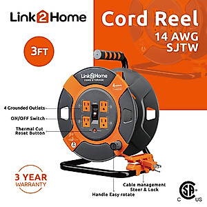 Link2Home Cord Storage 3 ft. Extension Cord 4 Power Outlets – 14 AWG SJTW Cable
