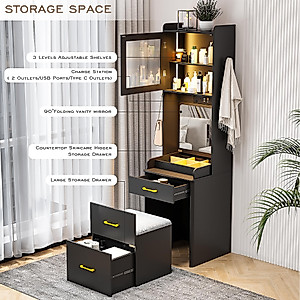 JDPAG 3-in-1 Vanity Desk with Mirror and Lights, Makeup Vanity Table with Cushioned Stool, Compact Dressing Table Writing Desk for Small Spaces, Vanity Set for Bedroom