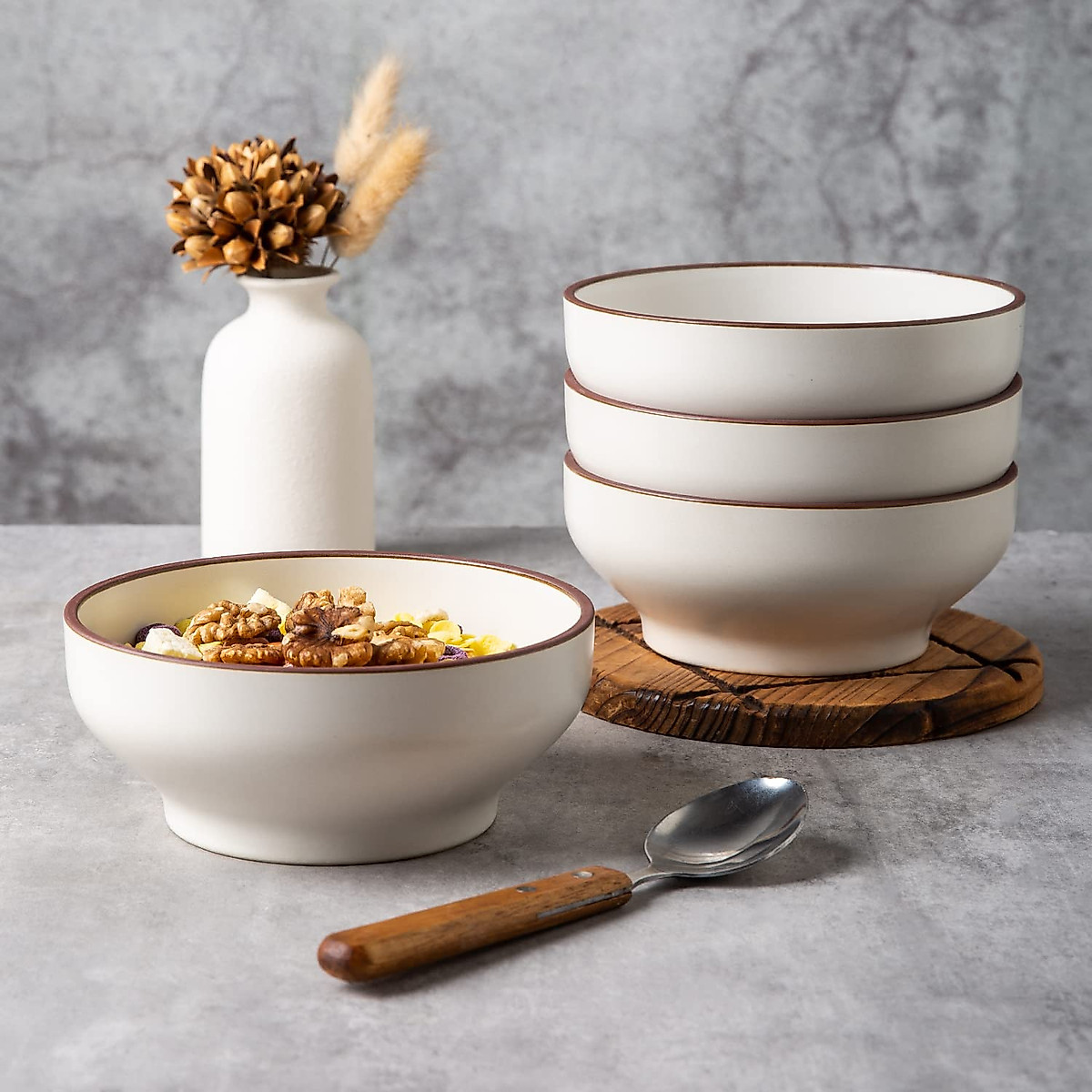 LERATIO Ceramic Bowls Set of 6,26 Ounce Bowls for Kitchen, Cereal, Salad, Pasta, Soup, Dessert etc, Oven & Dishwasher & Microwave Safe,Scratch Resistant,Matte White with Rim