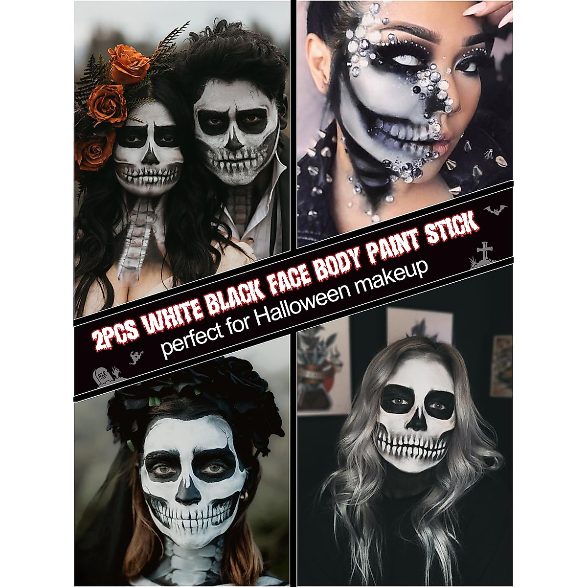 EBANKU 2Pcs White Black Face Body Paint Stick, , Eye Black Sticks for Sports White Cream-Blendable Stick Waterproof Sweatproof for Christmas Cosplay