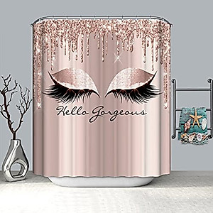 4PCS Pretty Long Eyelash Shower Curtain Sets Gold Drips Hello Gorgeous Waterproof Cloth Polyester Bath Curtain Bathtub Curtains, Bathroom Carpet Toilet Lid Cover and Bath Mat (no flash) (eyelashes-1)