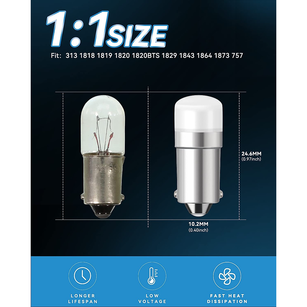 Keiurot 1820 Bulb 1445 1813 1816 1815 757 53 57#313 BA9S Led Bulb 10-30Volt for Lionel Train Light Bulbs, Instrument Indicator Lights, House Number Light Bulb 1818 1819 1895 White 10Pack