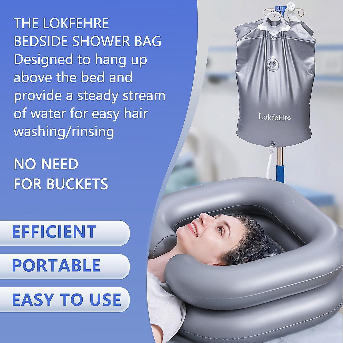LOKFEHRE Bedside Shower Water Bag - 2.5 GL Portable Water Shower Bag For Hair Washing In Bed. Use with Inflatable Shampoo Basin, Inflatable Hair Washing Basin, Inflatable Bathtub For Elderly (Silver)