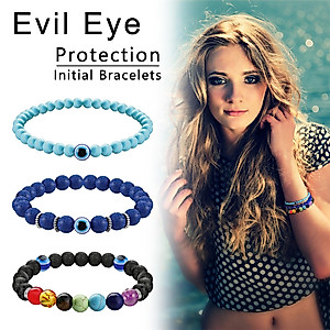 Ubjuliwa 10pcs Evil Eye Bracelet for Women Men Hamsa Blue Evil Eye Beaded Charm Stretch Bracelet Hand of Fatima Turkish Protection Bracelet Chakra Evil Eye Jewelry Gift