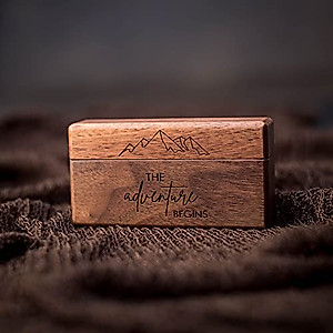 MUUJEE The Adventure Begins Double Ring Box - Engraved Slim Wooden Ring Case Box for Wedding Ceremony Engagement Proposal Ring Bearer Box - Anniversary Birthday Gift Ideas
