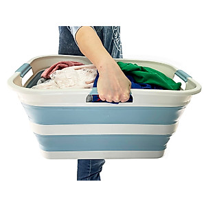 SAMMART 42L (11 gallons) Collapsible Plastic Laundry Basket - Foldable Pop Up Storage Container/Organizer - Portable Washing Tub - Space Saving Hamper/Basket (1, Grey/Sterling Blue)