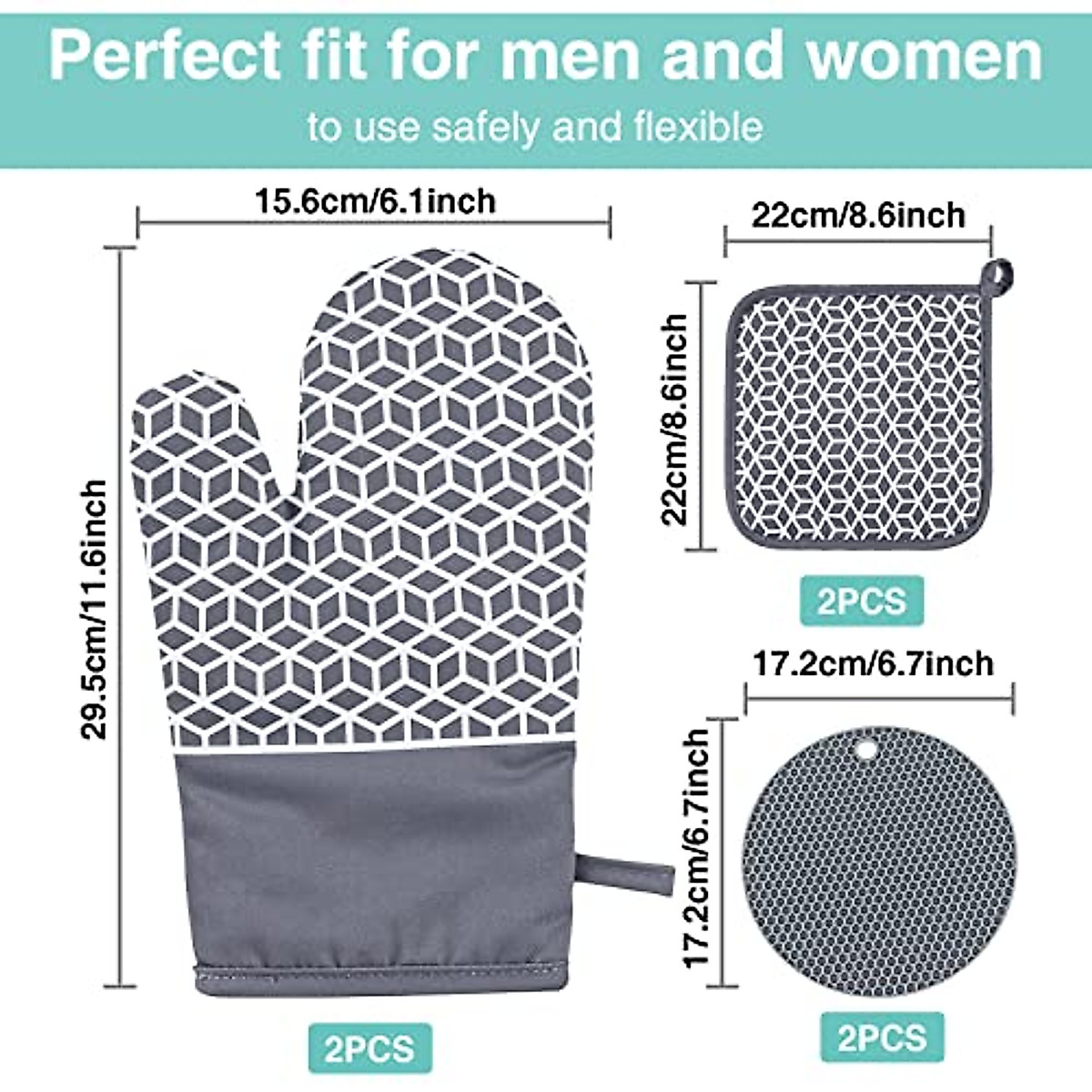 Oven Mitts and Pot Holders, Hmtruly Extra Long Oven Gloves, 500℉ Heat Resistant Oven Mitts with Non-Slip Silicone Pattern, Oven Hot Pads Pot Holders for BBQ Kitchen Baking Cooking (6-Piece Set, Grey)