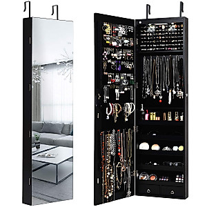 Giantex Wall Door Mounted Jewelry Armoire Cabinet with 47.5" H Full Length Mirror, 2 LEDs Lockable Jewelry Organizer Box with Bracelet Rod, 2 Drawers, Large Storage Capacity (Black)