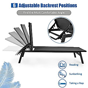 Tangkula Outdoor Chaise Lounge Chair, 6-Position Adjustable Reclining Chair with Breathable Fabric and Heavy Duty Steel Frame, Patio Lounge Chair for Garden, Backyard and Poolside (1, Black)