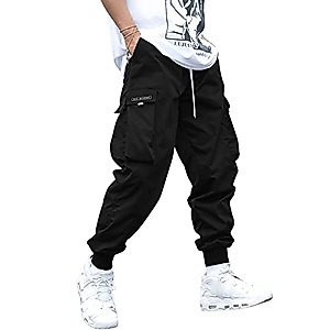 Romwe Men's Flap Pocket Drawstring Elastic Waist Letter Graphic Street Cargo Pants Black XL