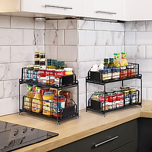 CADUKE Under Sink Rack Organizer with Sliding Drawers Basket Storage, 2 Tier Bathroom Under Cabinet Basket Organizers, 2 Pack Bath Under Sink Storage With Pull Out Metal Drawers, Black