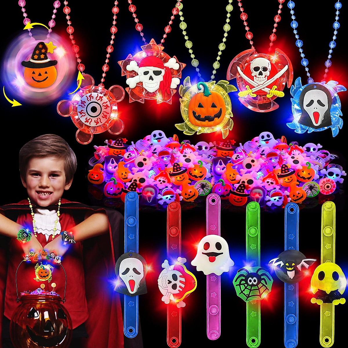 62 Pcs Halloween Party Favors for Kids Rotating Fidget Spin Light up Necklaces LED Bracelets Flash Rings Halloween Toys Glow in The Dark Halloween Party Supplies Gift Halloween Treat Goodie Bag Filler