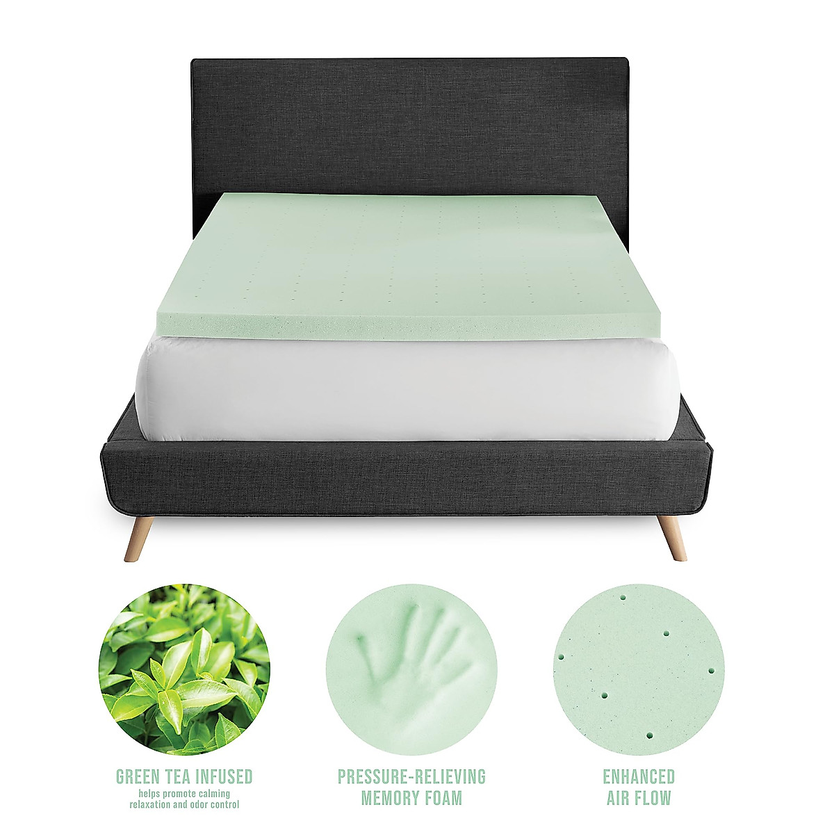 Closeout! Bodipedic Essentials 3 Inch Memory Foam Mattress Topper, Green Tea Infused Mattress Topper, Ventilated Design, CertiPUR-US Certified Foam, Green