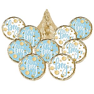 Blue and Gold It's a Boy Baby Shower Favor Stickers, Chocolate Kisses Party Favor Candy Stickers - 180 Labels