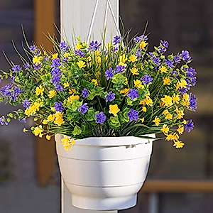 Colovis 9pcs Artificial Flowers Outdoor UV Resistant Fake Plants Greenery Shrubs Faux Plastic Flower in Bulk for Indoor Outside Hanging Planter Porch Cemetery Pots Decoration (Yellow, Purple, Green)