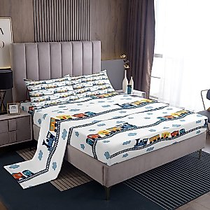 Erosebridal Kids Train Bed Sheets for Boys Girls Cartoon Car Twin Size Sheet Sets Steam Engine Sheets Railway Vehicles Sheet & Pillowcase Sets Transportation Truck Fitted Sheet with 1 Pillow Sham