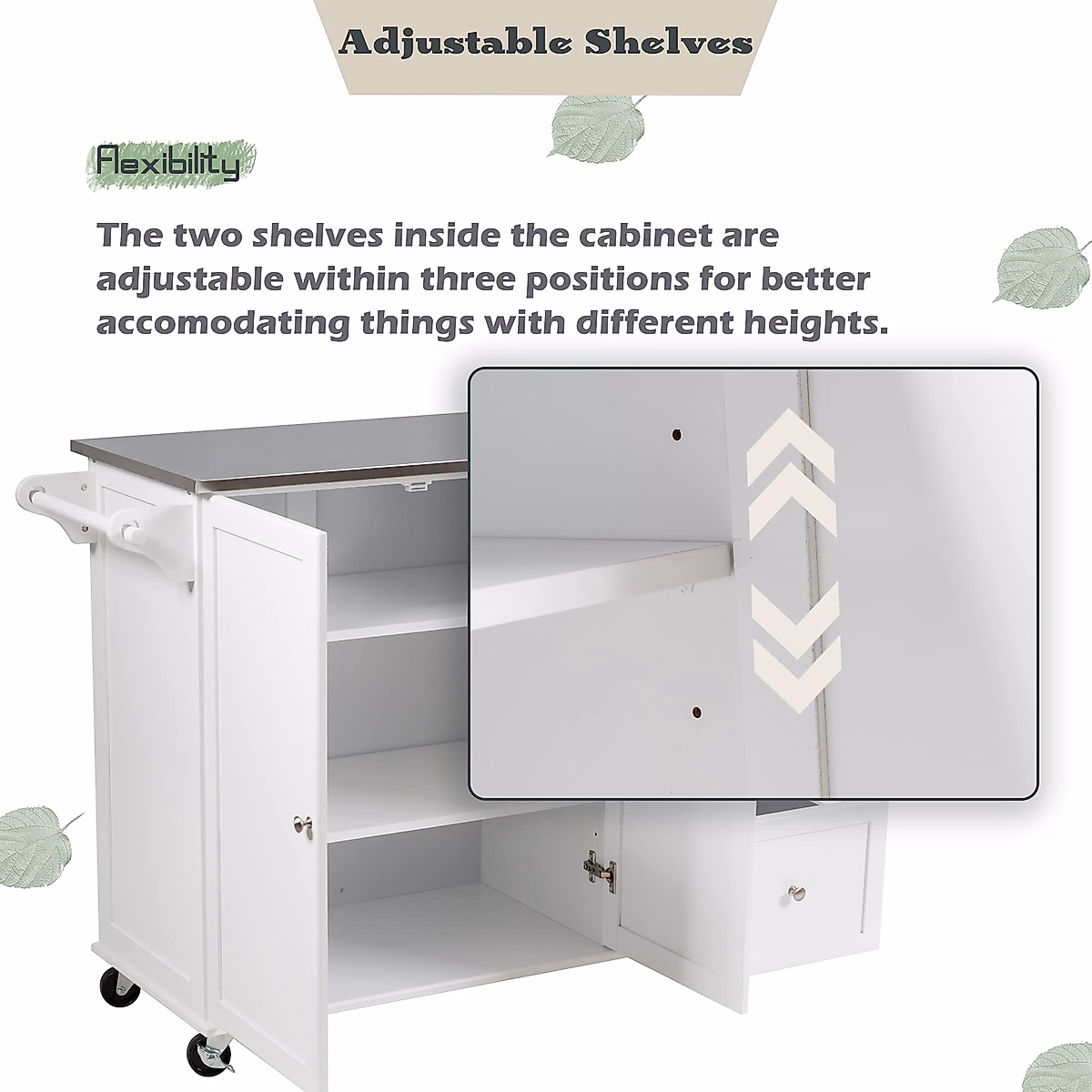 GLACER Kitchen Island Cart on Wheels, Rolling Kitchen Cart with Stainless Steel Countertop, Rolling Kitchen Island for Kitchen, Dining Room, Restaurant, 53 x 18 x 36 inches (White)