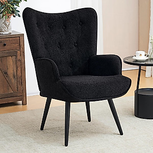 Furniliving Boucle Accent Chair for Living Room, Upholstered Reading Chair with High Backrest, Tufted-Button Wingback Armchair for Bedroom, Dressing Room, Home Office, Black