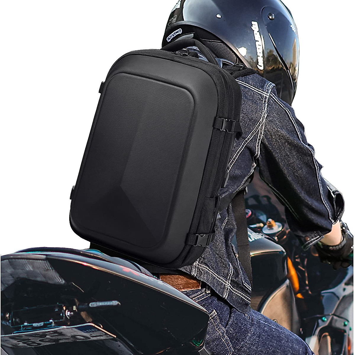 Hard Turtle Shell Motorcycle Backpack Men- Black Large Waterpfoof bagpacks For Racing,Riding,Gaming Hard Laptop bookbags 17 inch With USB Charging Port