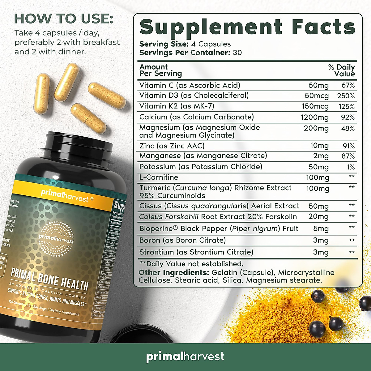 Calcium Carbonate Bone Health Complex by Primal Harvest for Men and Women with Calcium, Magnesium, Zinc, Manganese, Potassium, and L-Carnitine