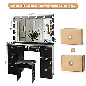 SMOOL Vanity with Lighted Mirror, Makeup Desk Power Outlet and LED Bulbs, 3 Color Lighting Modes Adjustable Brightness, 7 Drawers Table Cushioned Stool for Women Girls, 44'' L, 2-black
