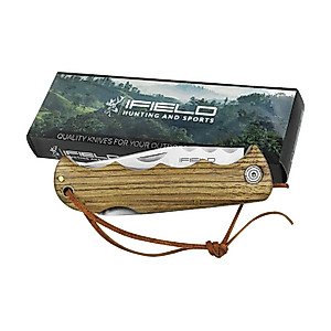 iFIELD Folding knife Camper EL29036 blade, with 4.2 inch zebra wood handle, total 8 inch, includes cord, camping tool for fishing, hunting, sport activity.