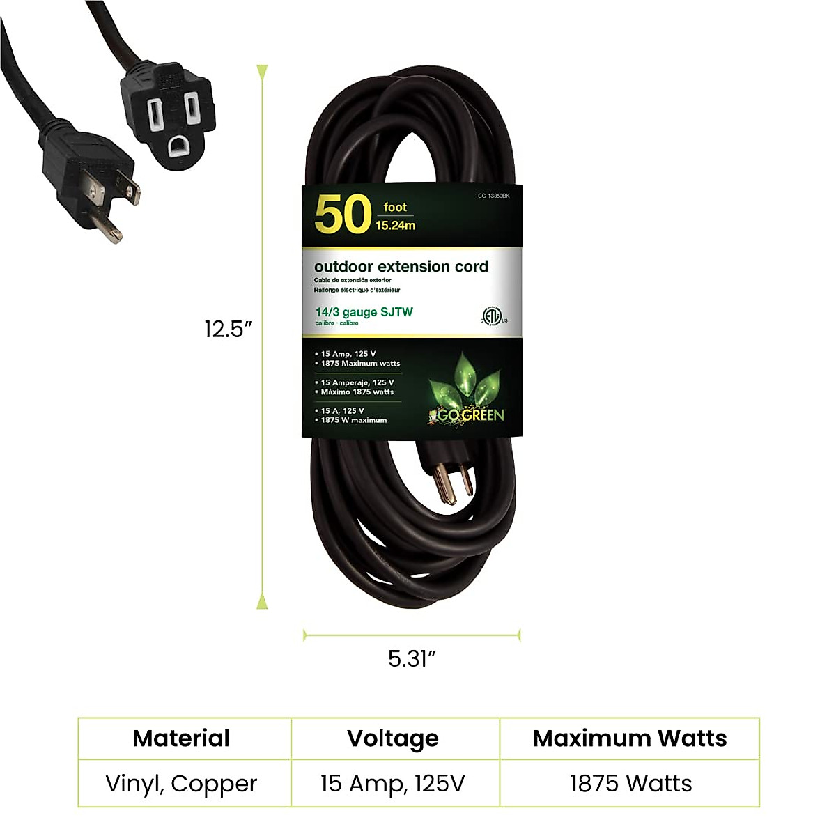Go Green Power Inc. 14/3 50ft Black Outdoor Extension Cord - Robust, Heavy Duty - Perfect for Outdoor Tools & Equipment - GG-13850BK