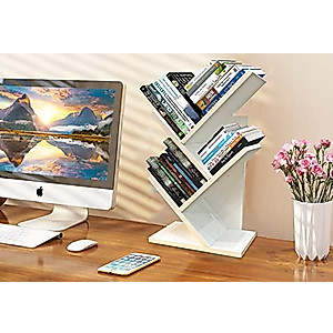 STEADYZ Solid Wood Tree Bookshelf, Modern Geometric Bookcase for Small Spaces and Small Rooms, Desktop Tabletop Kitchen Organizer, White