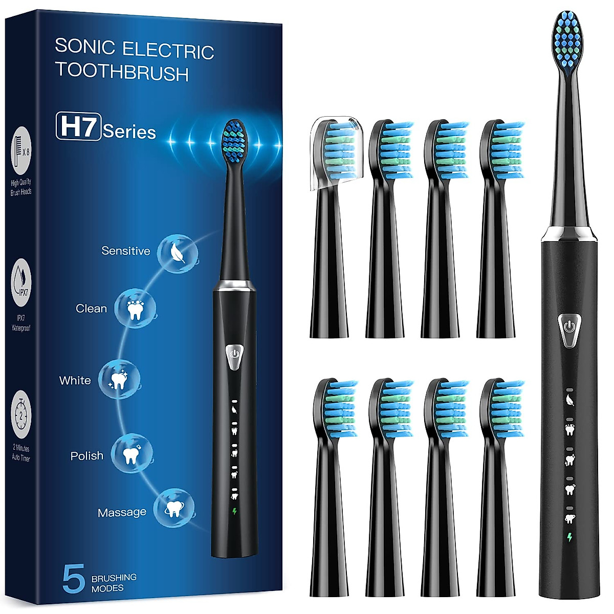 Electric Toothbrush Rechargeable Sonic Toothbrushes for Adults with 5 Brushing Modes and 8 Tooth Brush Replacement Head, 120 Days of Use with 3-Hour Fast Charge, Smart Timer and Deep Cleaning in Black