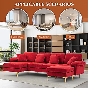 OUYESSIR U-Shaped Sectional Sofa Couch, 4 Seat Sofa Set for Living Room, Convertible L-Shaped Velvet Couch Set with Chaise Lounge, Ottoman and Pillows,114 inches (Red)