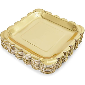 Sparkle and Bash 48-Pack Gold Foil Square Paper Plates Scalloped Edge (7 Inches)