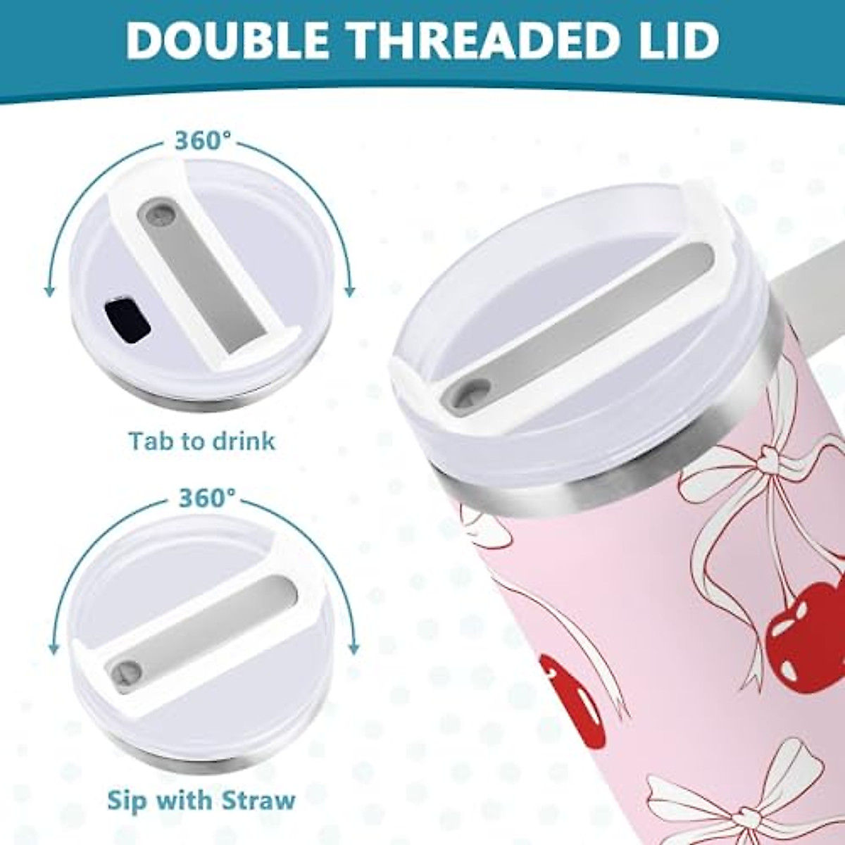 OTVEE 30oz Cherry Bow Tie Ribbon Tumbler with Handle and Straw, Double Wall Vacuum Reusable Stainless Steel Insulated Water Bottle Travel Mug Cup for Hot and Cold Drinks