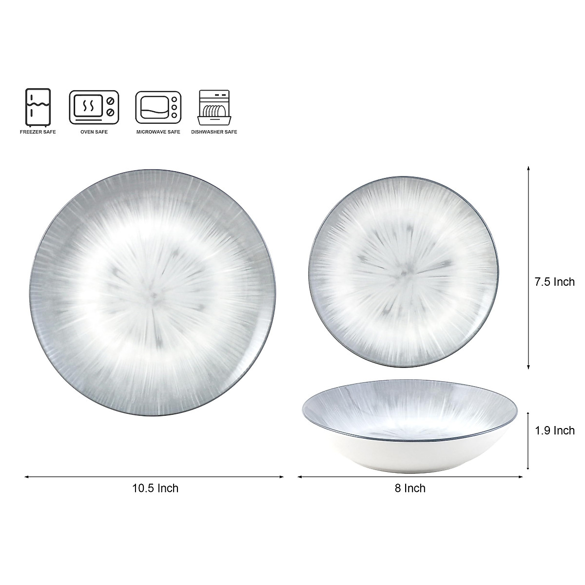 Bestone 12 Piece Round Kitchen Dinnerware Set,Plates and Bowls sets,Dishes, Plates, Bowls, Dish Set，Plates and Bowls,Service for 4, Chip Resistant Porcelain (gray)