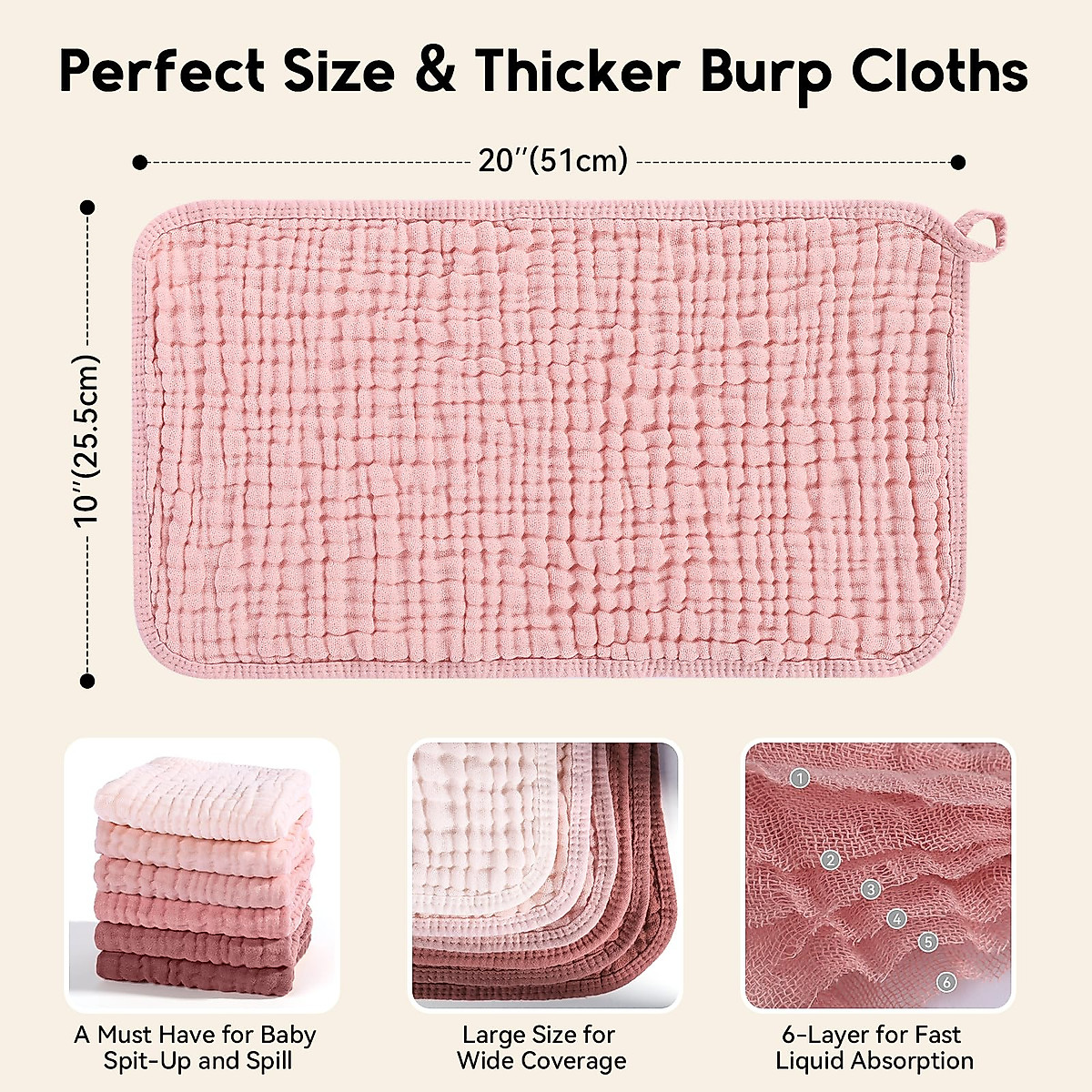 Unnivoll Muslin Burp Cloths for Baby 100% Cotton Burping Cloths for Boys Girls Large 20''X10'' Extra Soft and Absorbent 12 Pack - Gradient Pink