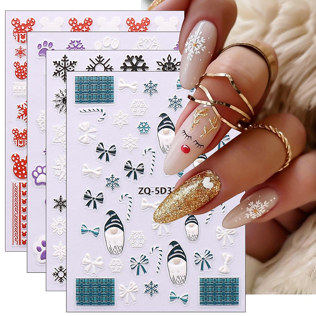 JMEOWIO 3D Embossed Christmas Nail Art Stickers Decals Self-Adhesive Pegatinas Uñas 5D Snowflake Xmas Winter Holiday Nail Supplies Nail Art Design Decoration Accessories 4 Sheets