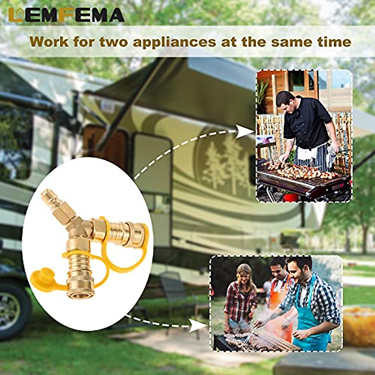 Lemfema 3/8” Y Splitter Natural Gas Quick Connect/Disconnect Adapter, Suitable for Low Pressure Natural Gas or Propane Systems for Natural Gas Grill, Patio Heater, RV, Fire Pit