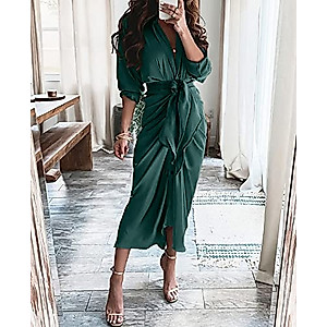 BTFBM Women 2023 Long Sleeve Lapel V Neck Button Down Satin Dress Belted Elegant Ruched Summer Fall Maxi Shirt Dresses(Solid Dark Green, Medium)