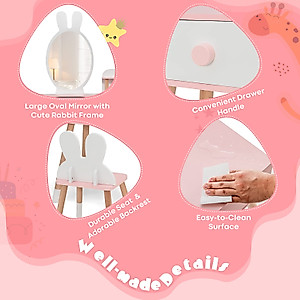 KOTEK Kids Vanity Set with Mirror, Wooden Princess Makeup Dressing Table with Stool, 2 Storage Drawers & Display Shelf, Girls Pretend Play Vanity for Toddler (White)