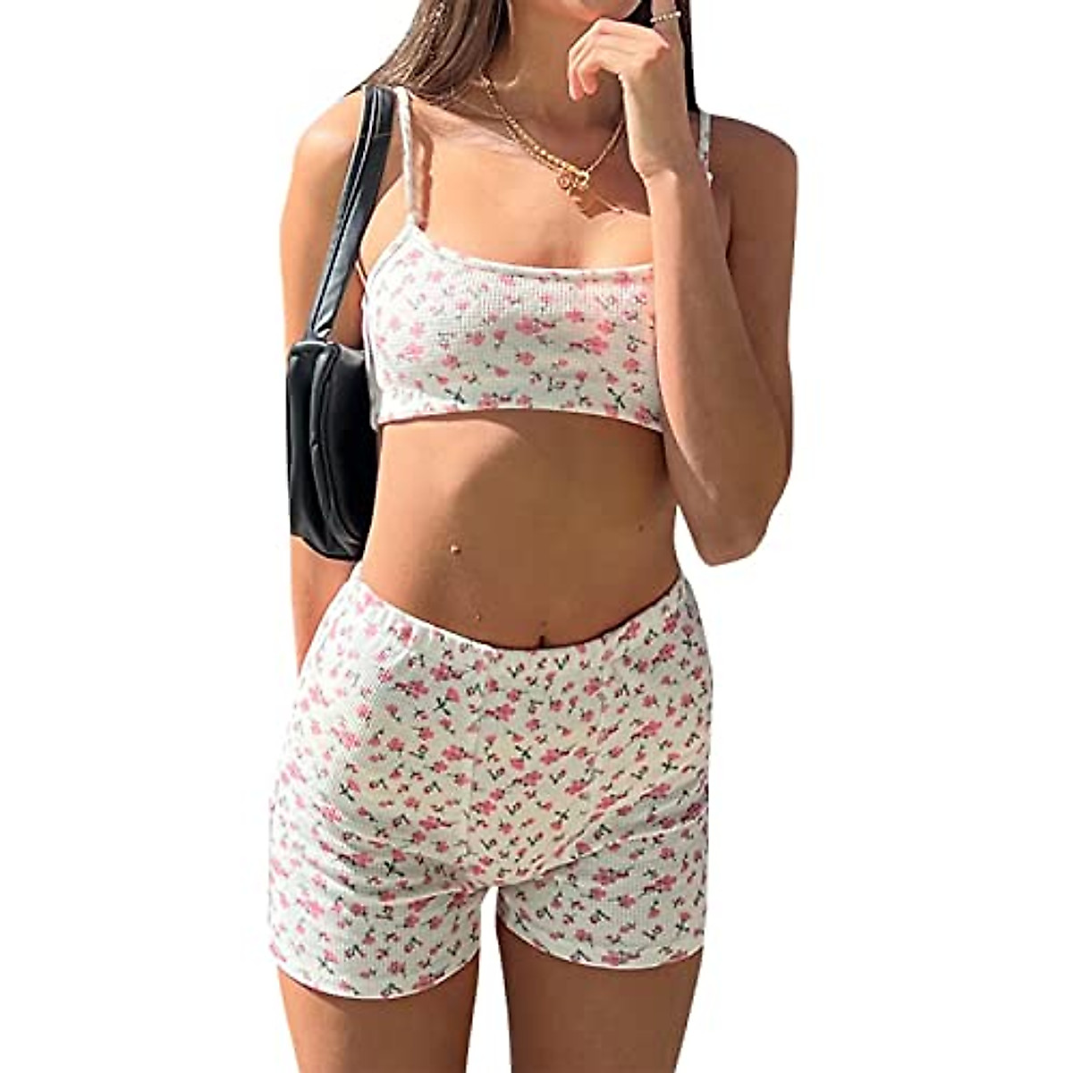 WZTYYDS Women Two Pieces Knitted Shorts Set Sleeveless Straps Floral Crop Tank Tops High Waist Shorts Outfits Streetwear (Pink Floral, L)
