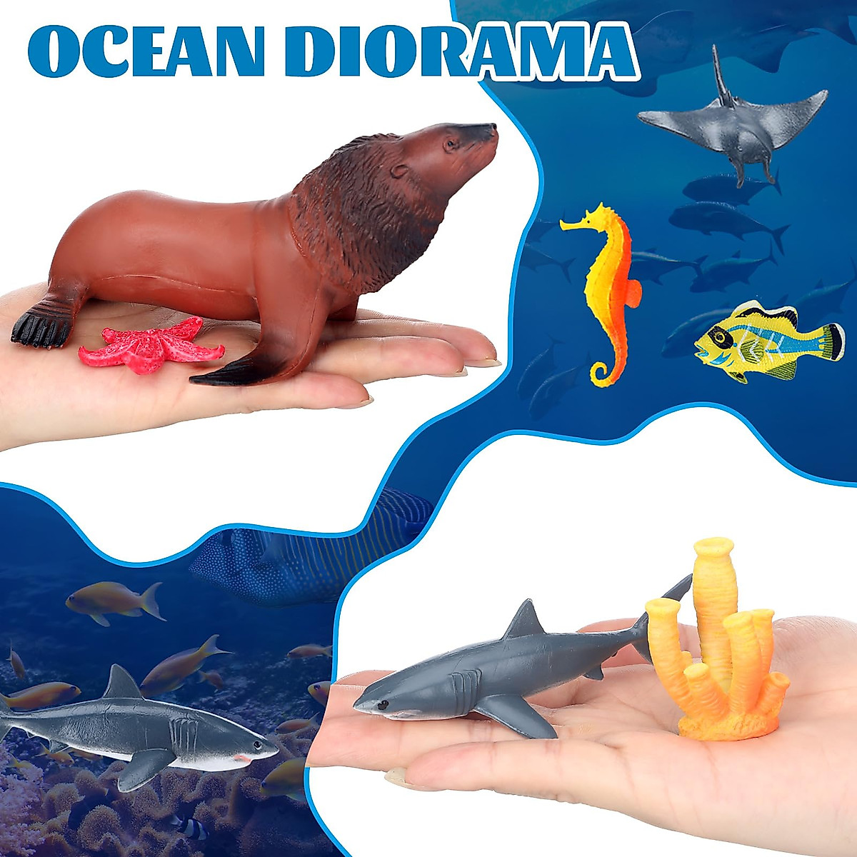 MiniInflat 39 Pcs Ocean Diorama Kit Sea Creature Toys Bulk Ocean Sea Animal Figure Toys Realistic Ocean Animal Figurines Toy Including Shark, Whale, Corals, Seagrass and More