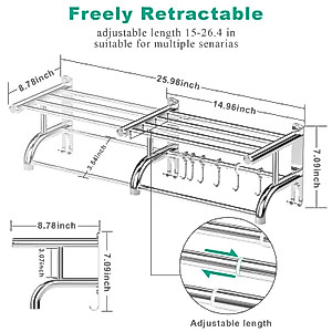 Towel Racks for Bathroom wall mounted, Adjustable 15 to 26 Inch Double Towel Bar for Bathroom, Favbal 304 Stainless Steel Bath Towel Holder with Shelf and 6 Hooks (Silver)