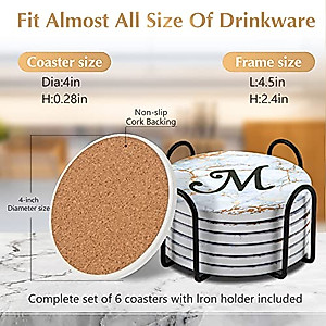 Monogrammed Coasters for Drinks Absorbents with Holder, Set of 6 Ceramic Marble Style Drink Coaster With Cork Base,Personalized Coasters Customizable With Name, Housewarming Gifts