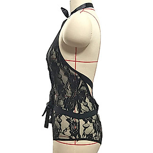 Toxz Sexy Lingerie Sleepwear Lace Women Rompers Bow Underwear Bodysuit Babydoll Nightwear,Floral Lace Teddy Open Back Halter Sheer Perspective with Open Cup Lingerie