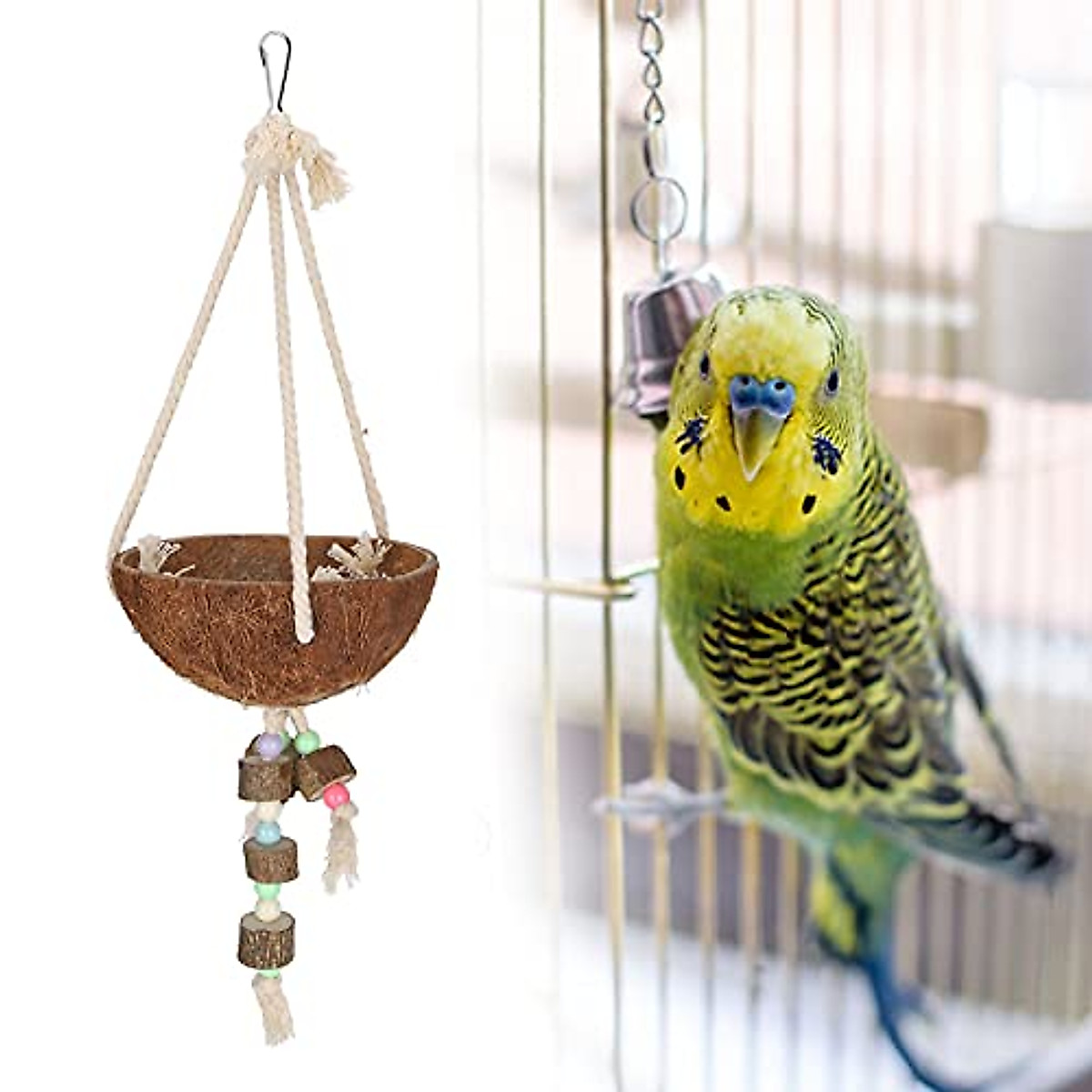 Parrot Coconut Shell Swing Parrot Swing Toy Bird Chewing Toy Nature Wood Stand Parrot Cage Bite Toys for Small Medium Birds